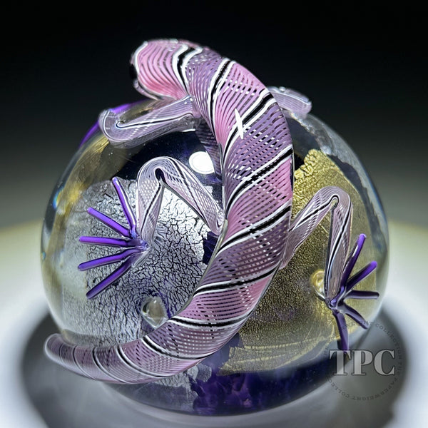 Michael Hunter 2025 Glass Art Paperweight Purple & Gold Lizard
