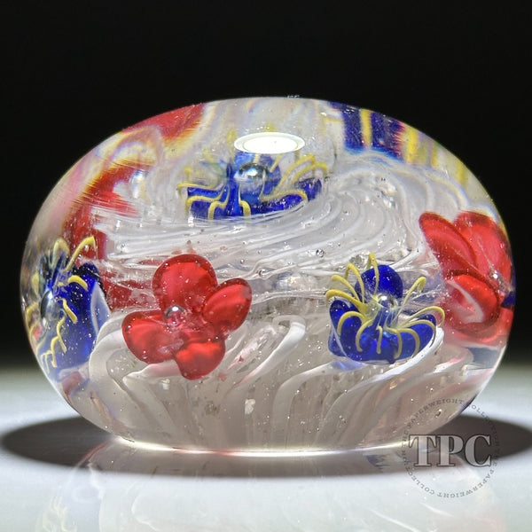 Antique Thuringian Glass Art Paperweight Colorful Flowers on Mica spec