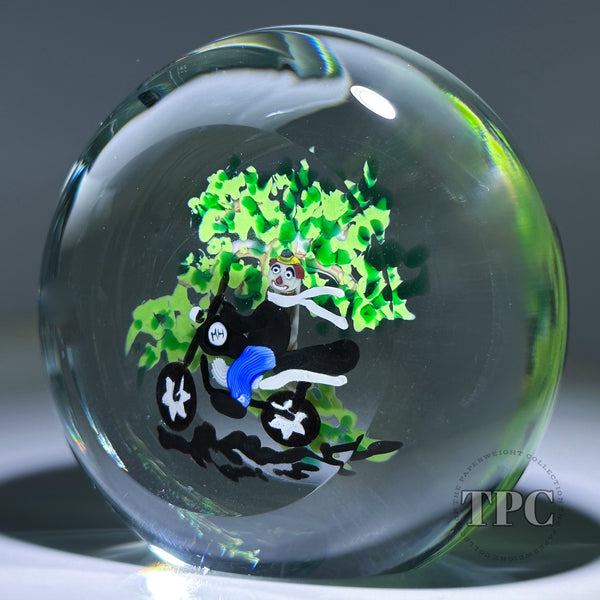 Early Michael Hunter Glass Art Paperweight Sculpture Daftie on Motorcy