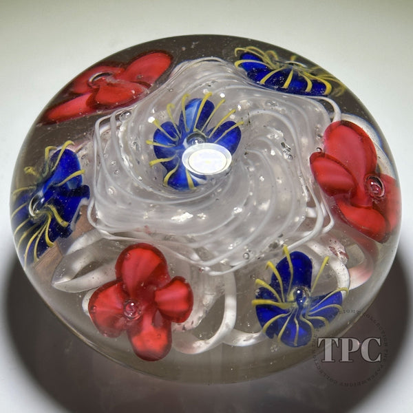 Antique Thuringian Glass Art Paperweight Colorful Flowers on Mica spec