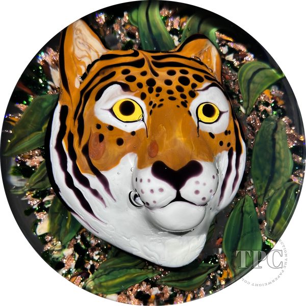 Loren Stump 2000 Glass Art Paperweight Flamework Tiger Bust on Green L