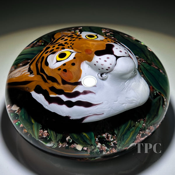 Loren Stump 2000 Glass Art Paperweight Flamework Tiger Bust on Green L