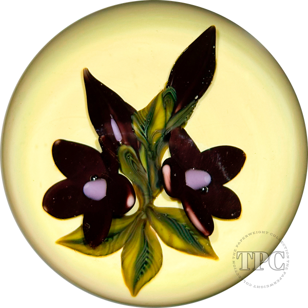 William Manson 2022 Art Glass Paperweight Flamework Plum Colored Flowe