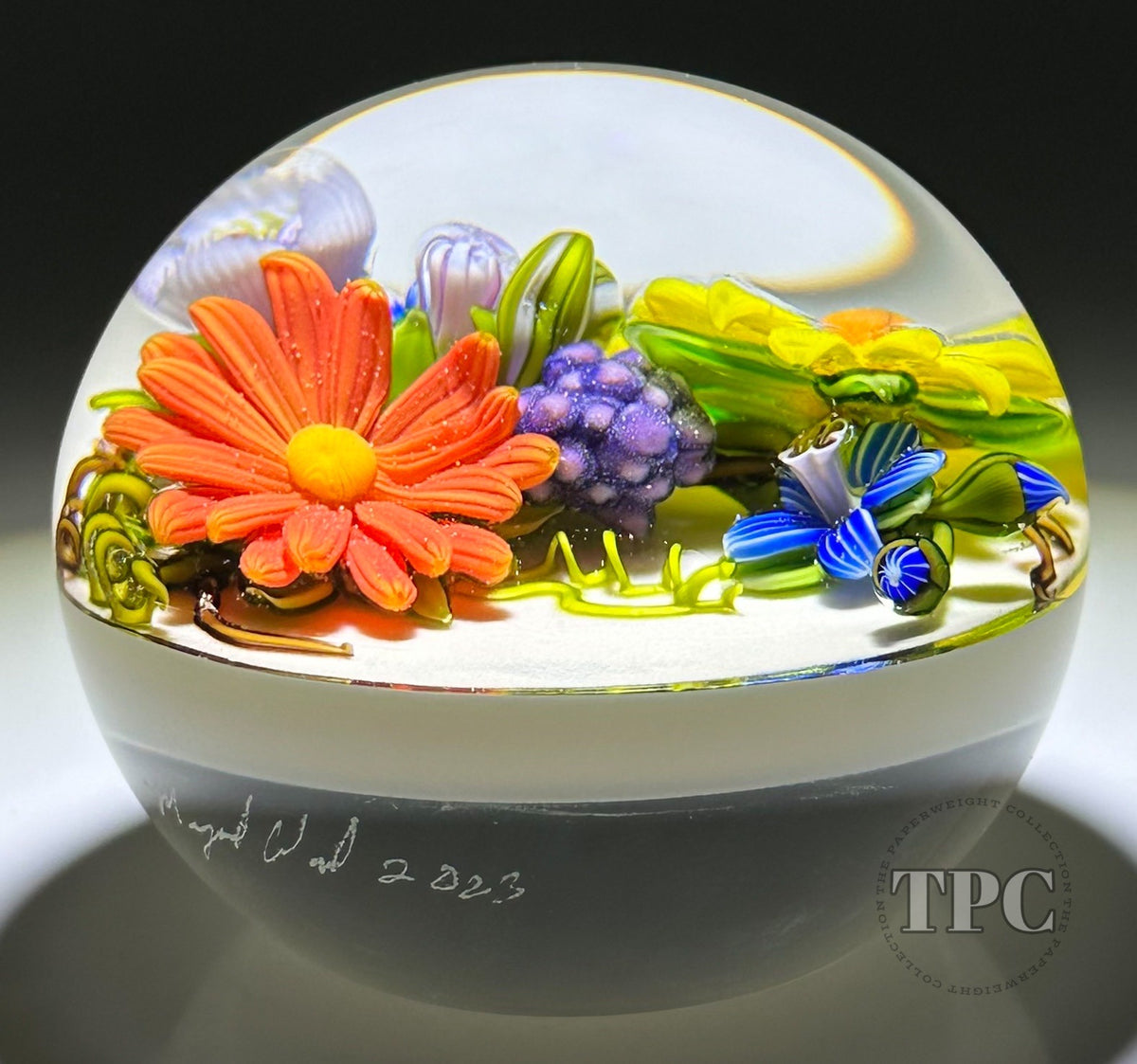 Mayauel Ward 2023 Glass Art Paperweight Flamework Flowers on Opaque Wh