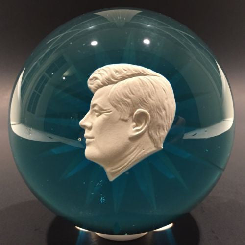 Vintage Art Glass Paperweight JFK Kennedy Sulphide On Blue Star Cut Ba