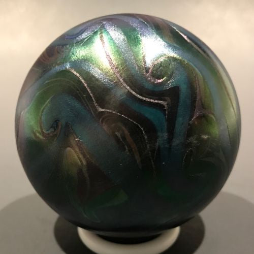 Signed David Lotton Art Glass Paperweight Dark Iridescent Surface Deco