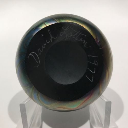Signed David Lotton Art Glass Paperweight Dark Iridescent Surface Deco