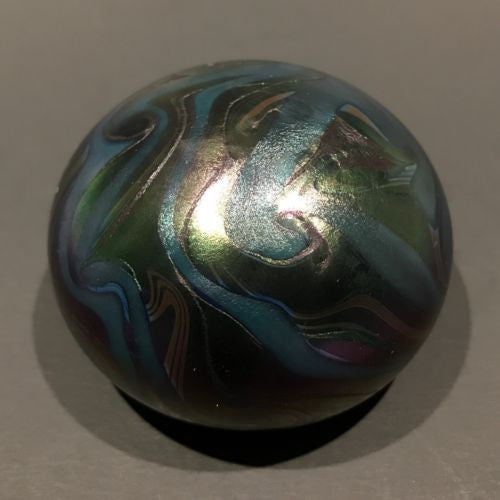 Signed David Lotton Art Glass Paperweight Dark Iridescent Surface Deco