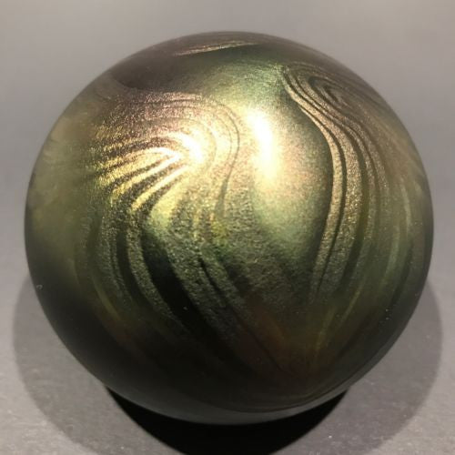 Signed David Lotton Art Glass Paperweight Dark Iridescent Pulled Feath