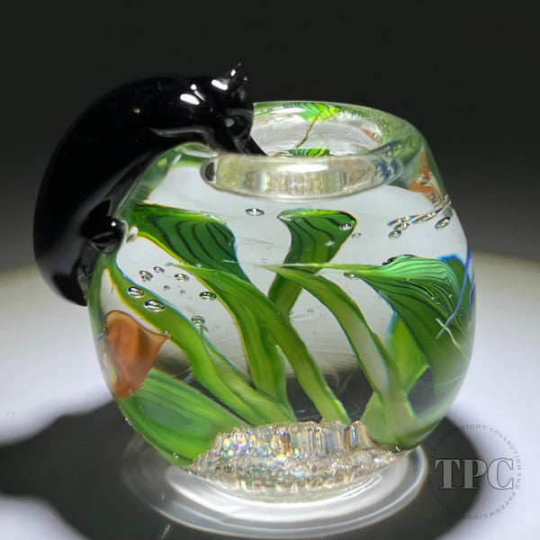 Signed Steven Corriea Glass Art Paperweight Torchwork Black Cat with F