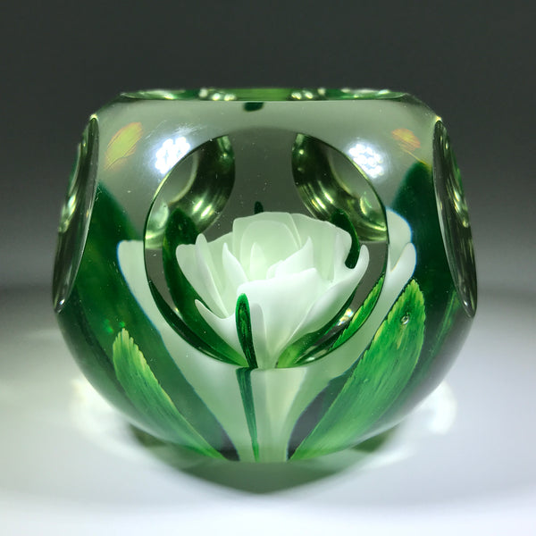 Vintage Pairpoint Art Glass Paperweight Faceted White Crimp Rose MMA E