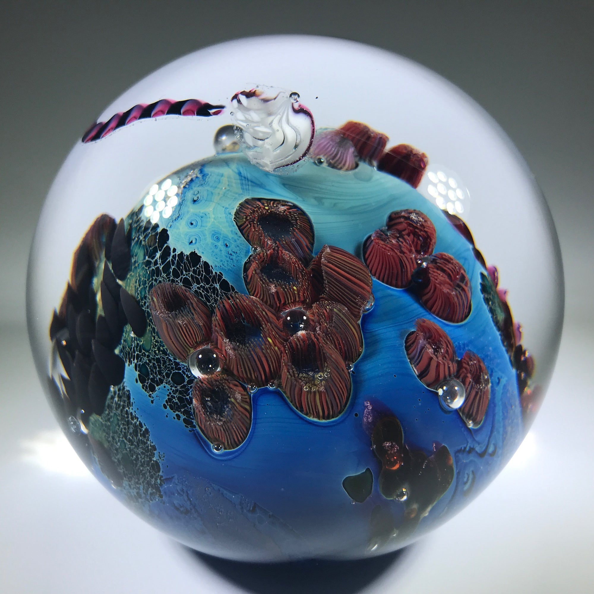 Signed Josh Simpson Art Glass Paperweight Detailed Inhabited Planet