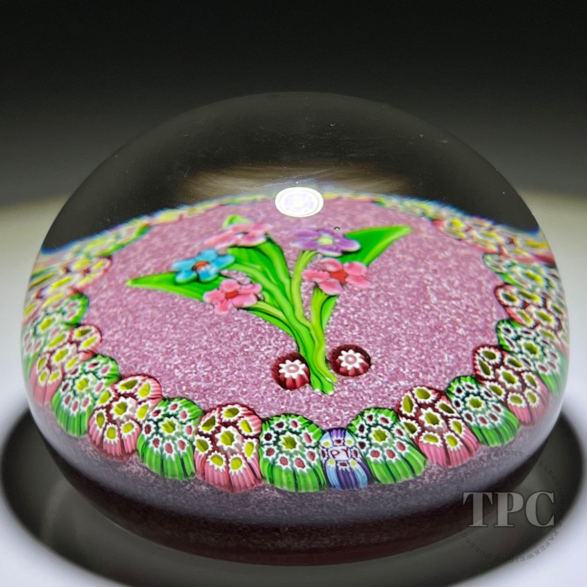 Paul Ysart Glass Art Paperweight Flamework Flower Bouquet on Pink Jasp