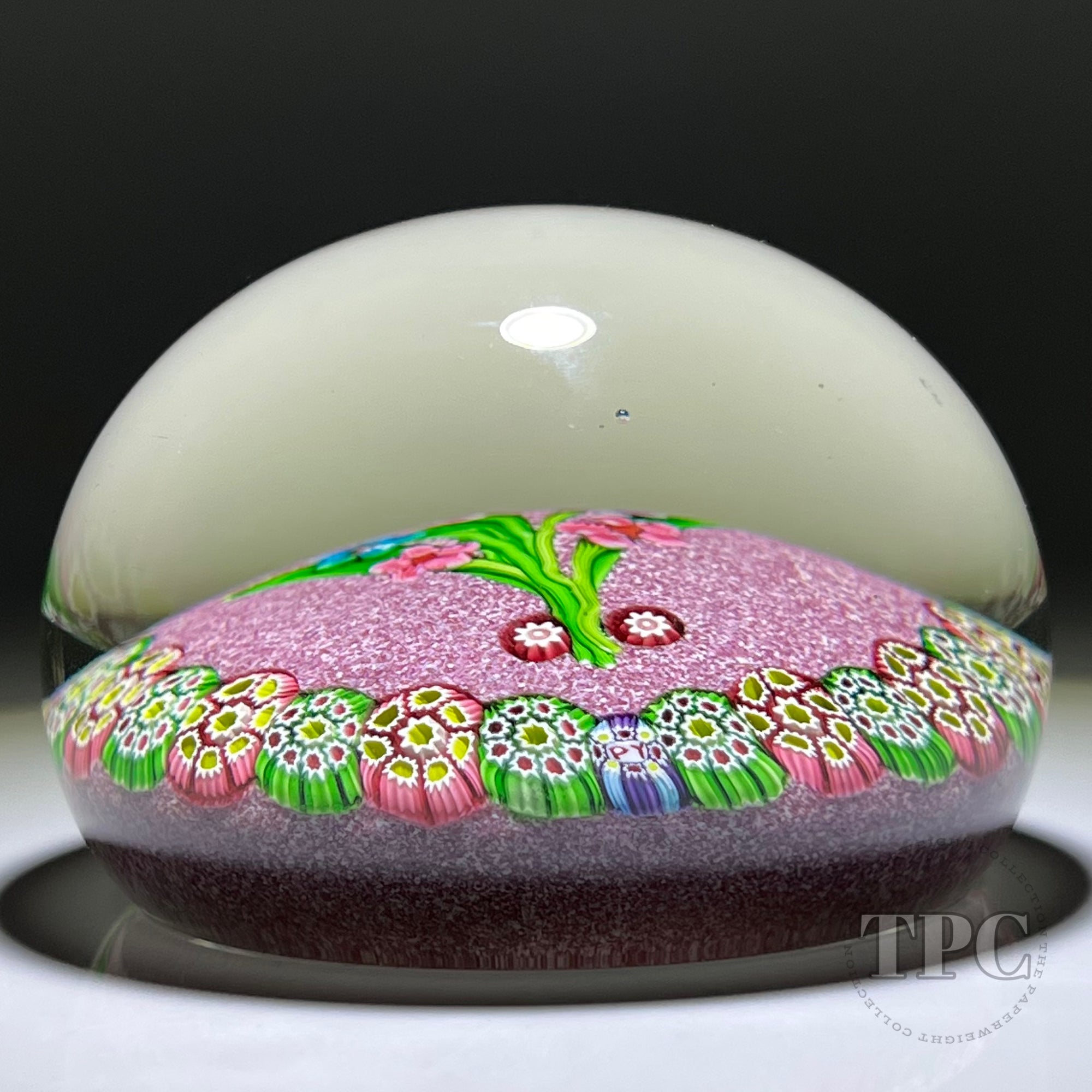 Paul Ysart Glass Art Paperweight Flamework Flower Bouquet on Pink Jasp