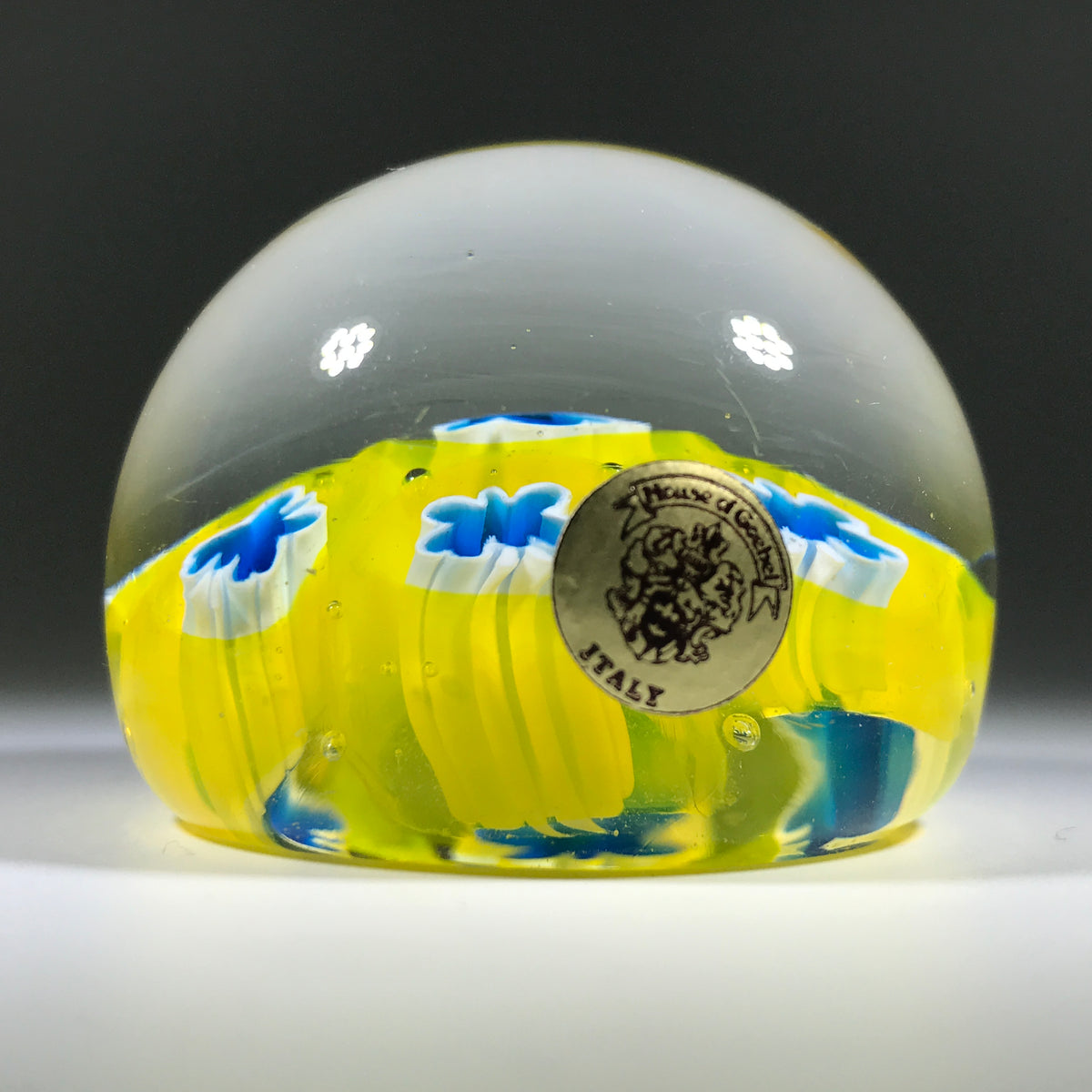 Modern Murano House of Goebel Art Glass Paperweight Blue & Yellow Butt
