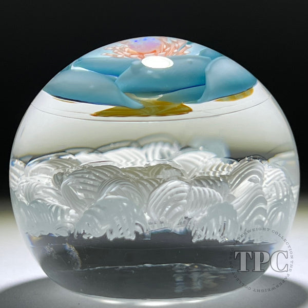 Jared DeLong Glass Art Paperweight Flamework Blue Blossom with Opal ov
