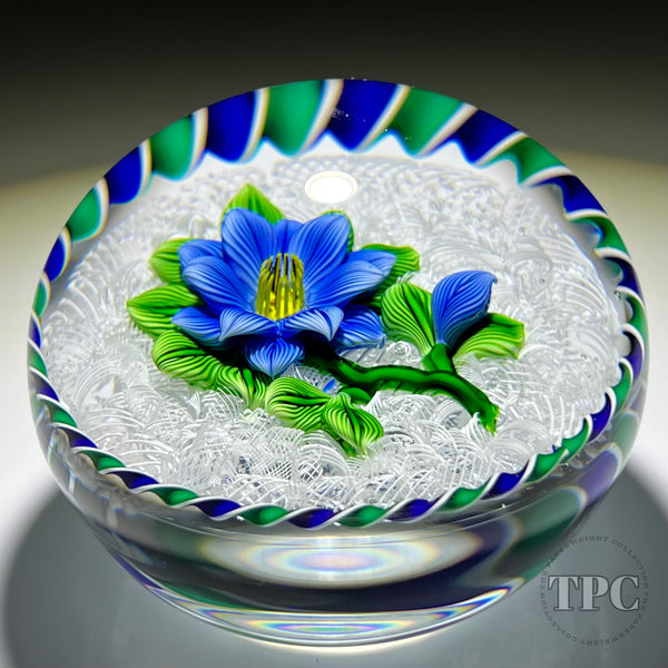 Bob Banford Glass Art Paperweight Flamework Blue Clematis Flower on Wh
