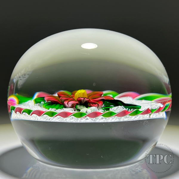 Bob Banford Glass Art Paperweight Flamework Red Clematis Flower on Whi