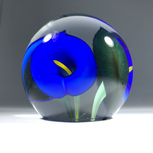 Signed Scott Bayless Lotton Studio Art Glass Blue Calla Lily Paperweig