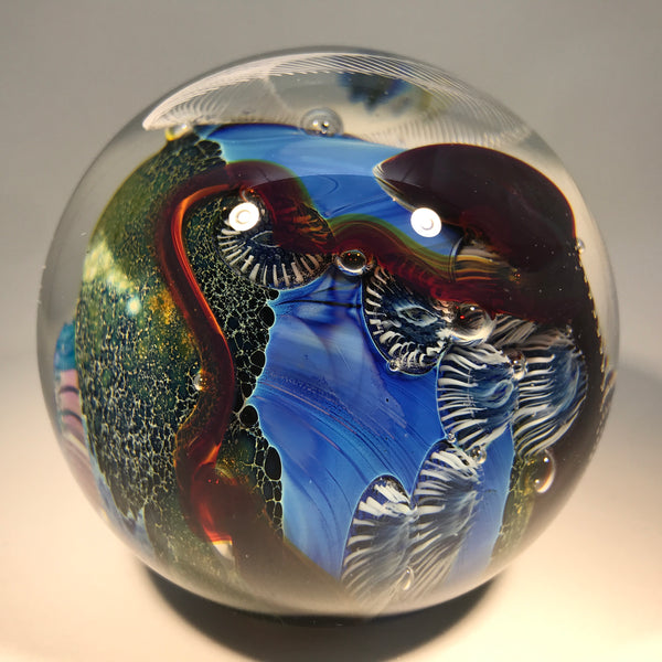 Signed Josh Simpson Art Glass Paperweight Complex Inhabited Planet w/