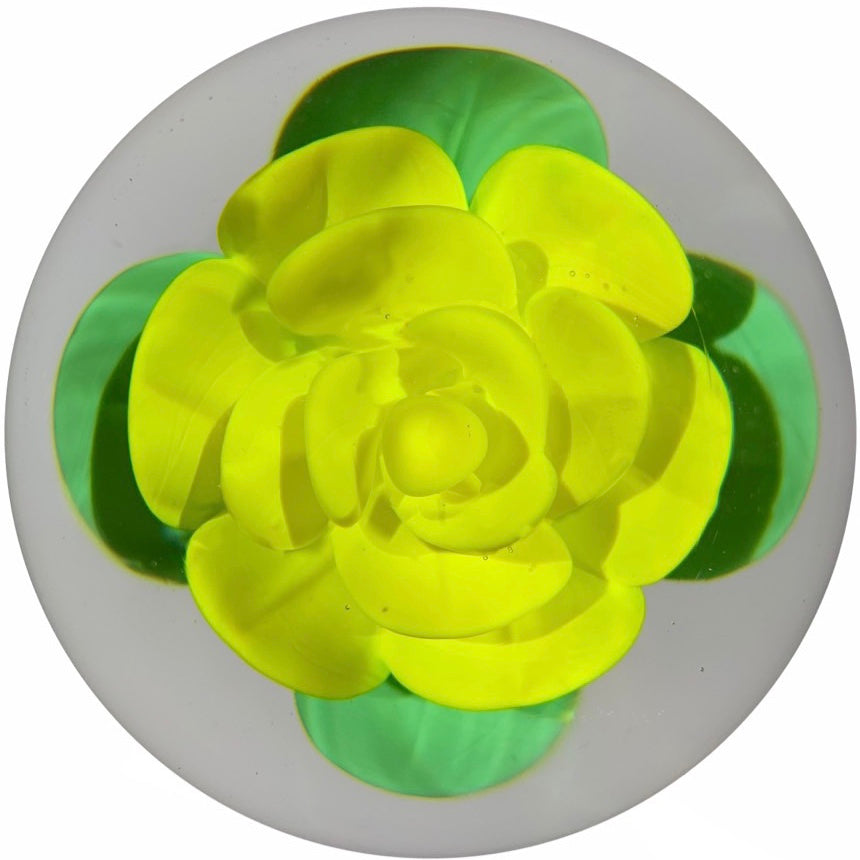Vintage Robert Hamon Art Glass Paperweight Large Yellow Crimp Rose