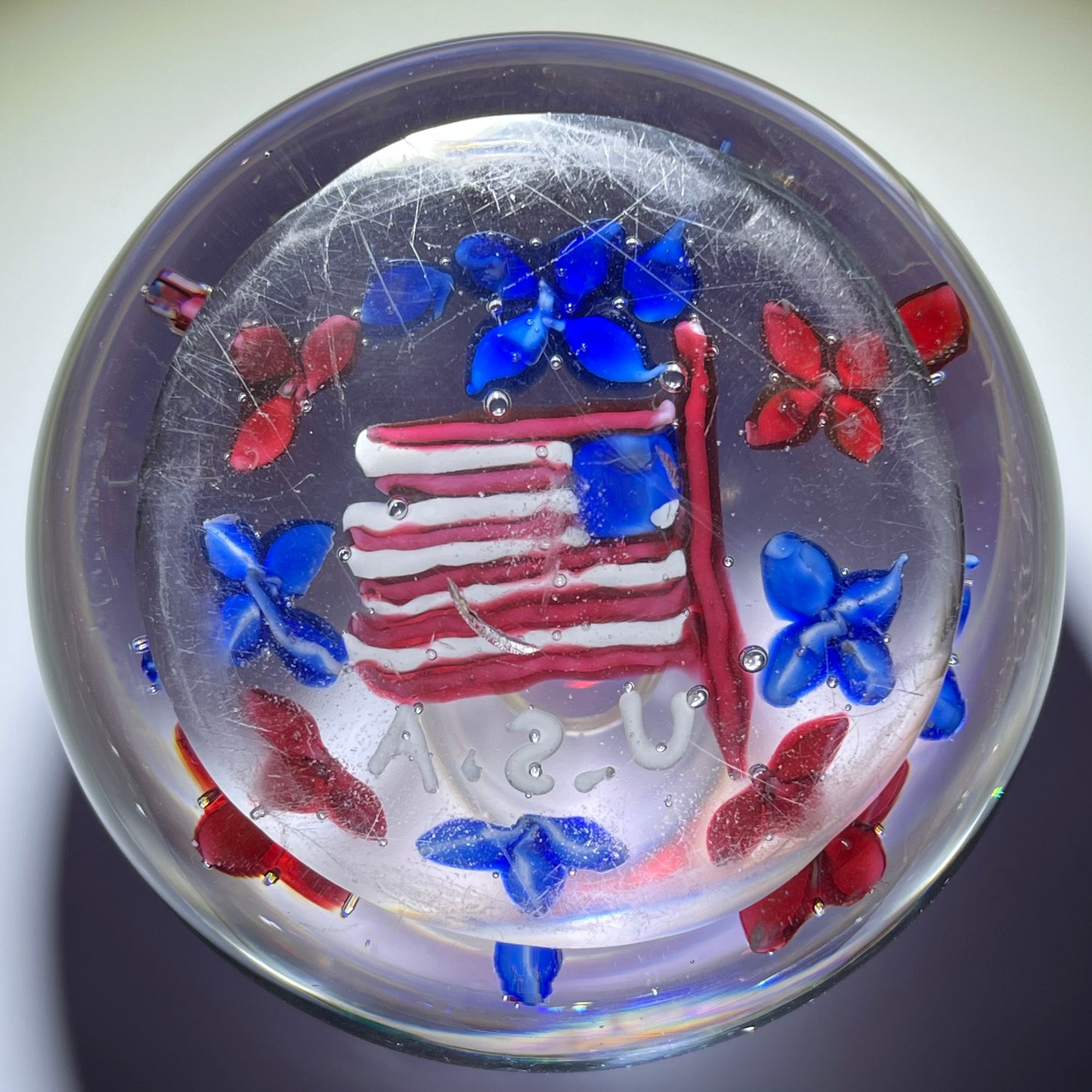 Antique Union Glass Co. Magnum Patriotic Lampwork American Flag with G