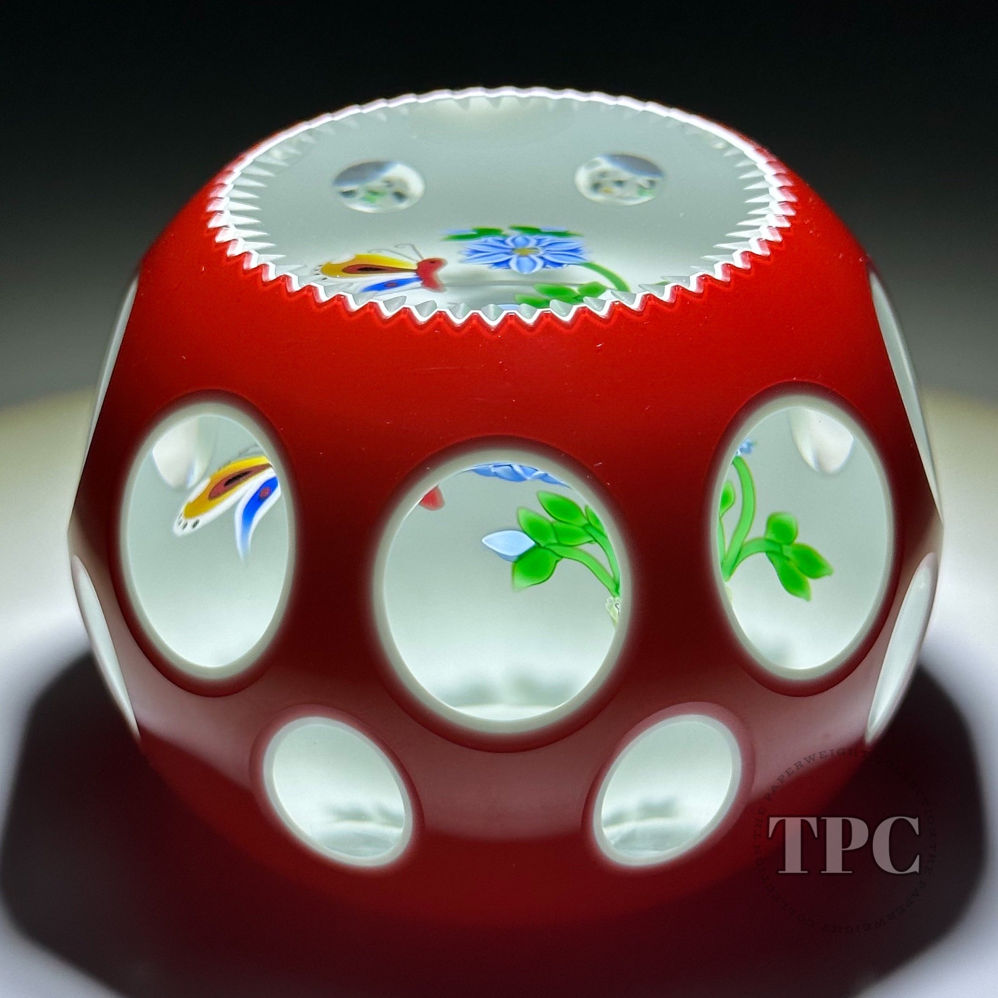 Perthshire Glass Art Glass Paperweight Red Faceted Overlay with Flamew
