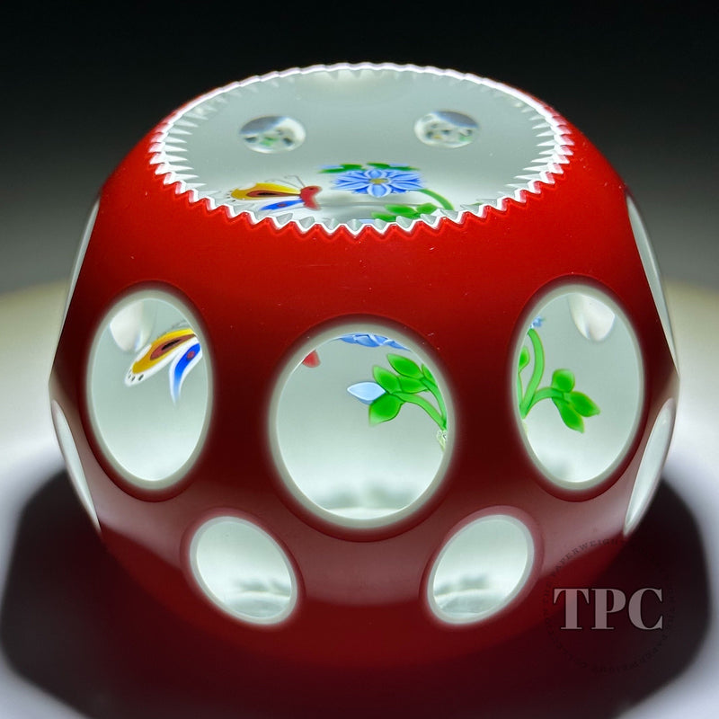 Perthshire Glass Art Glass Paperweight Red Faceted Overlay with Flamew