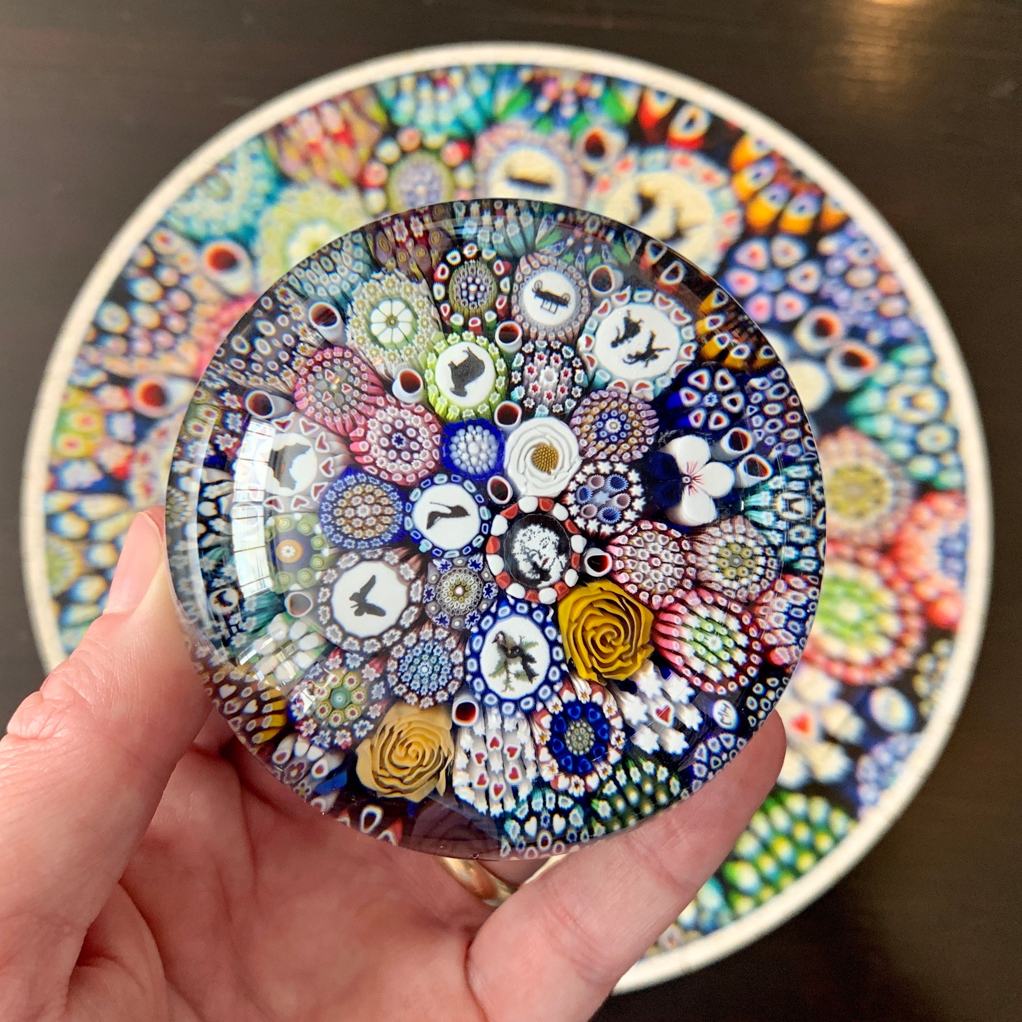 Michael Hunter 2019 Art Glass Paperweight & Matching Custom-Cut Wooden