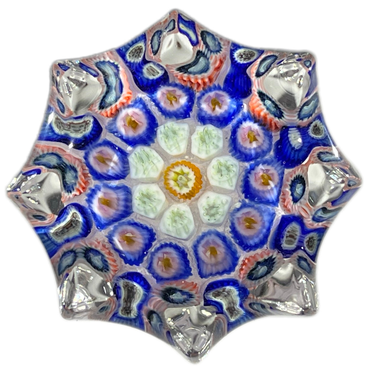 Vintage Strathearn Pressed Star Glass Art Paperweight with Colorful Co