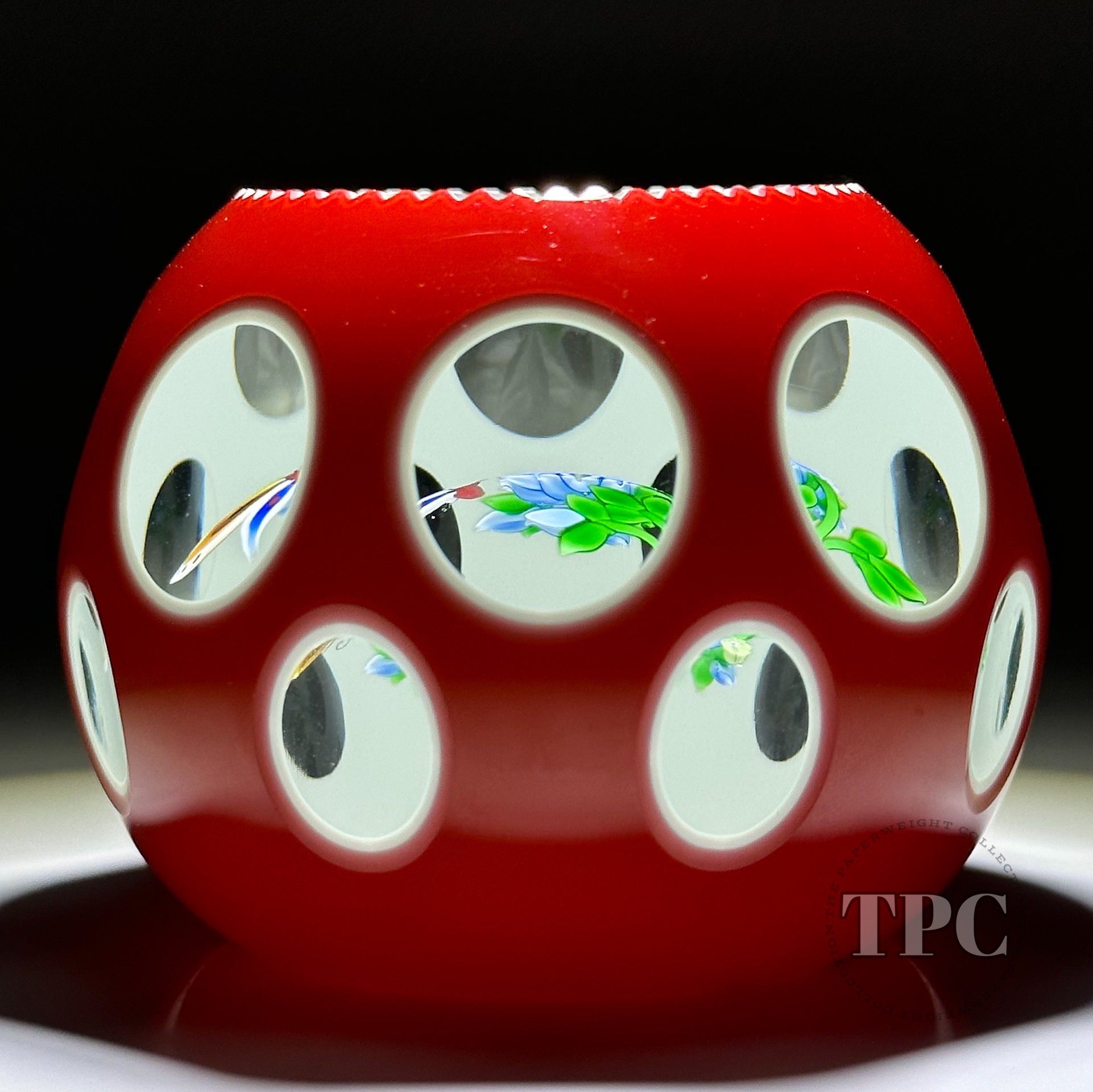 Perthshire Glass Art Glass Paperweight Red Faceted Overlay with Flamew