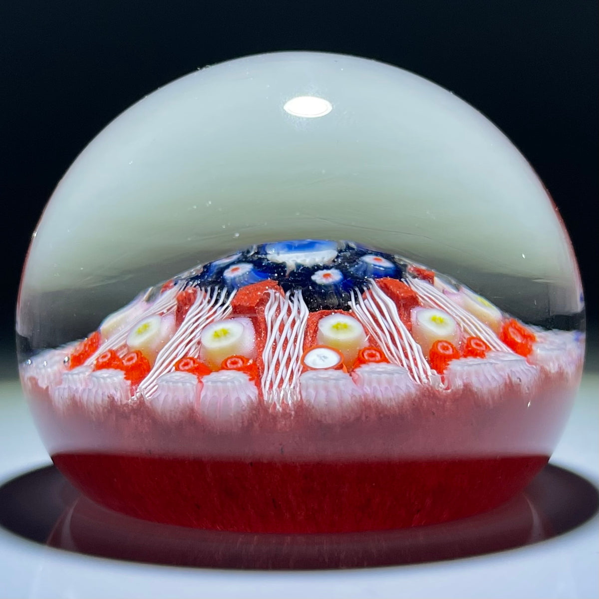 Signed Strathearn Paperweights Paneled Millefiori and Filigree on Oran