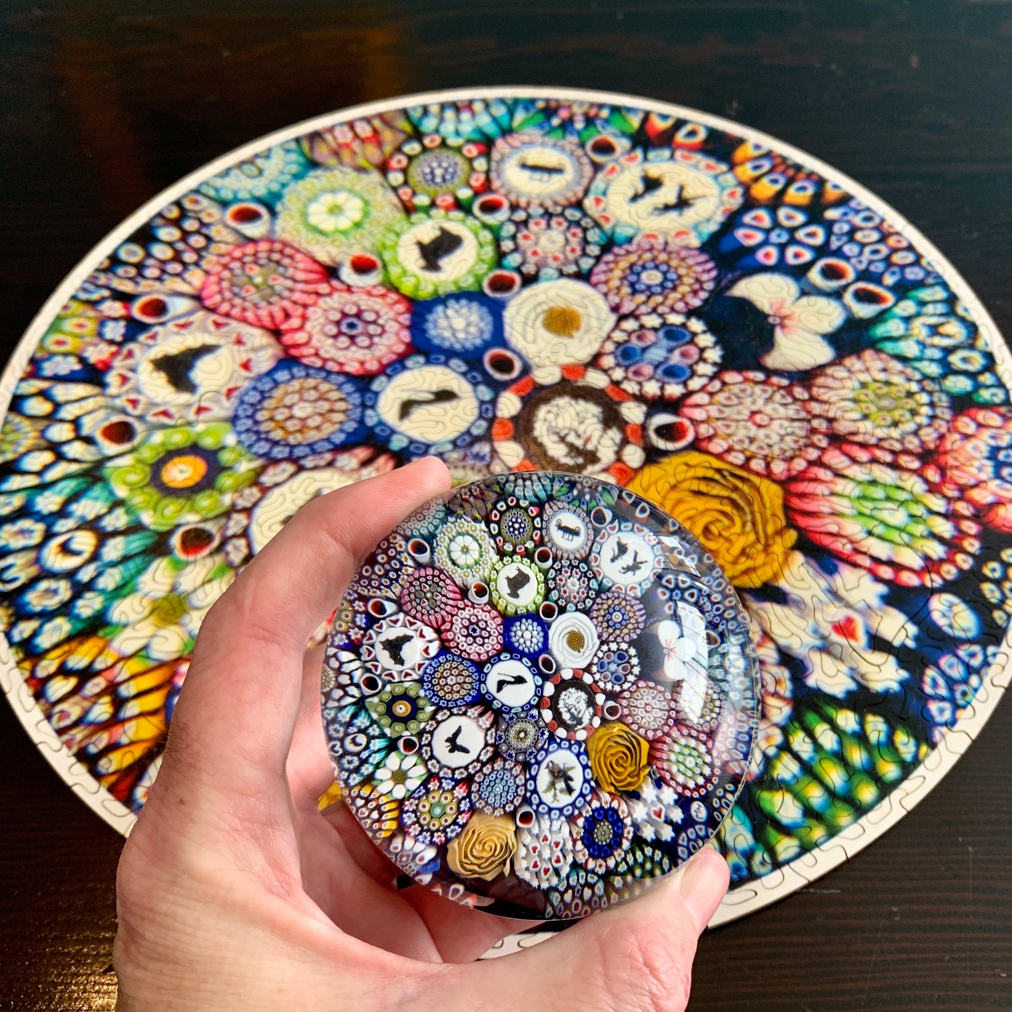 Michael Hunter 2019 Art Glass Paperweight & Matching Custom-Cut Wooden